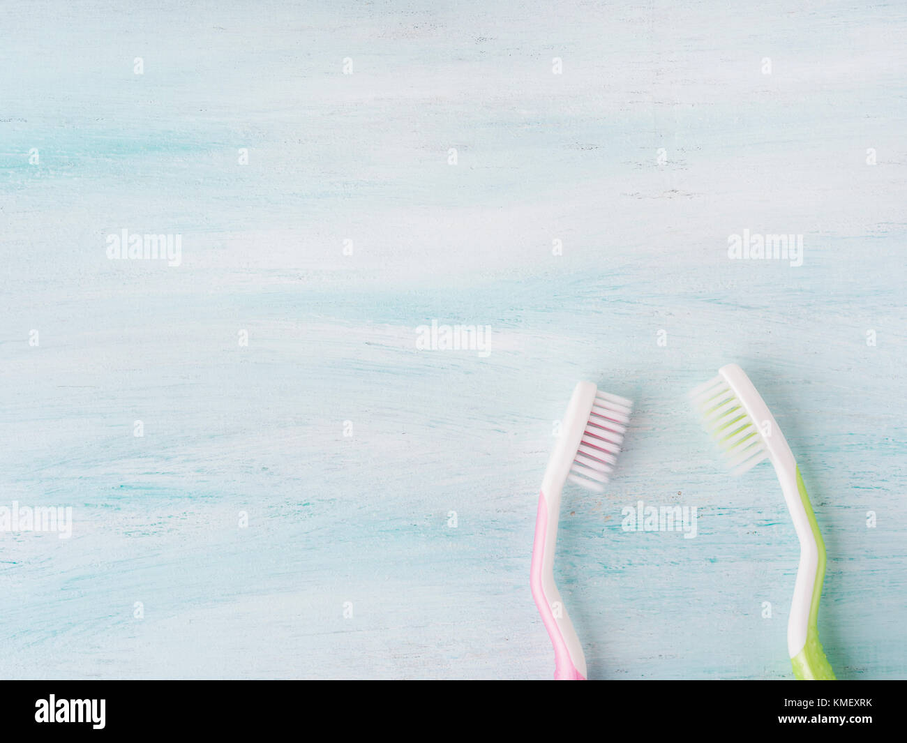 Two pastel toothbrushes with pink flowers mint herb over green textured ... Two pastel toothbrushes with pink flowers mint herb over green textured ...