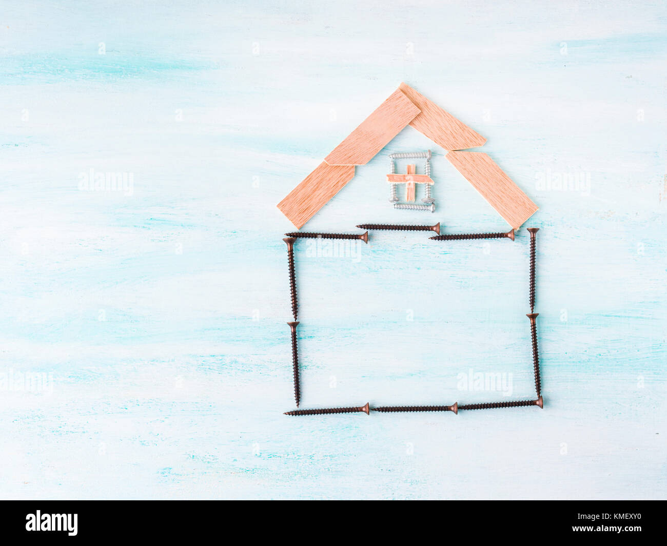 Building house concept flat lay with screw and wood. Bricolage hardware ...