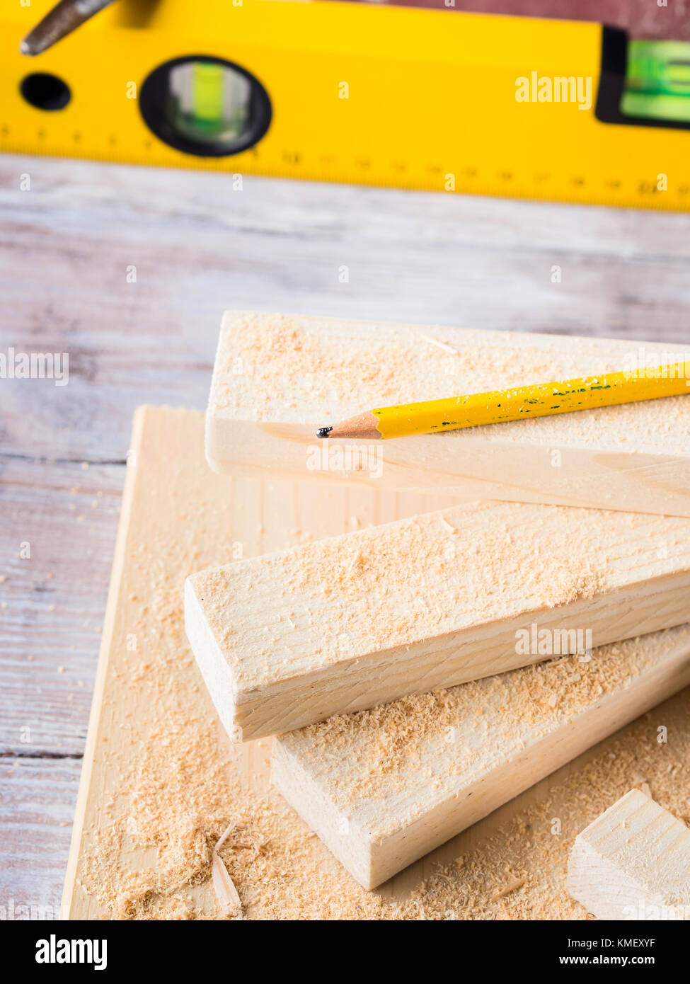 Wooden board with tools for manual measuring cutting - meter, level ...