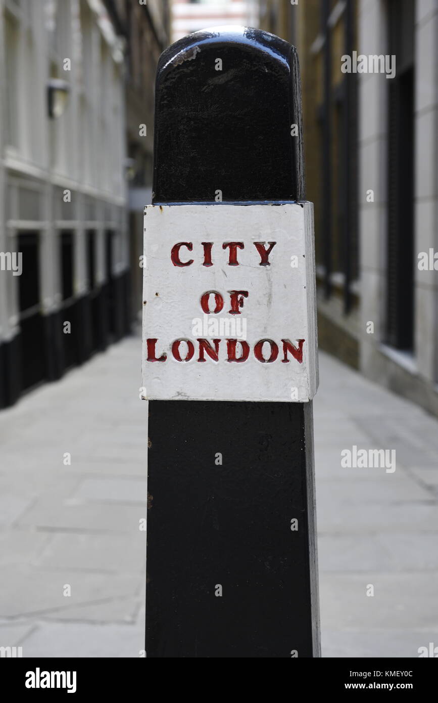 Bollard in the City of London, London, England, UK. Black bollard in an ...