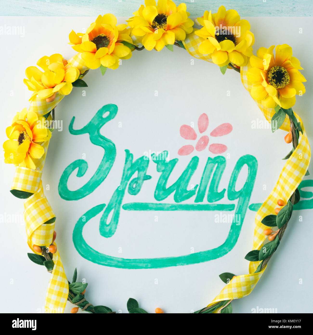 Spring word spelling by hand lettering and flower wreath girl head band ...