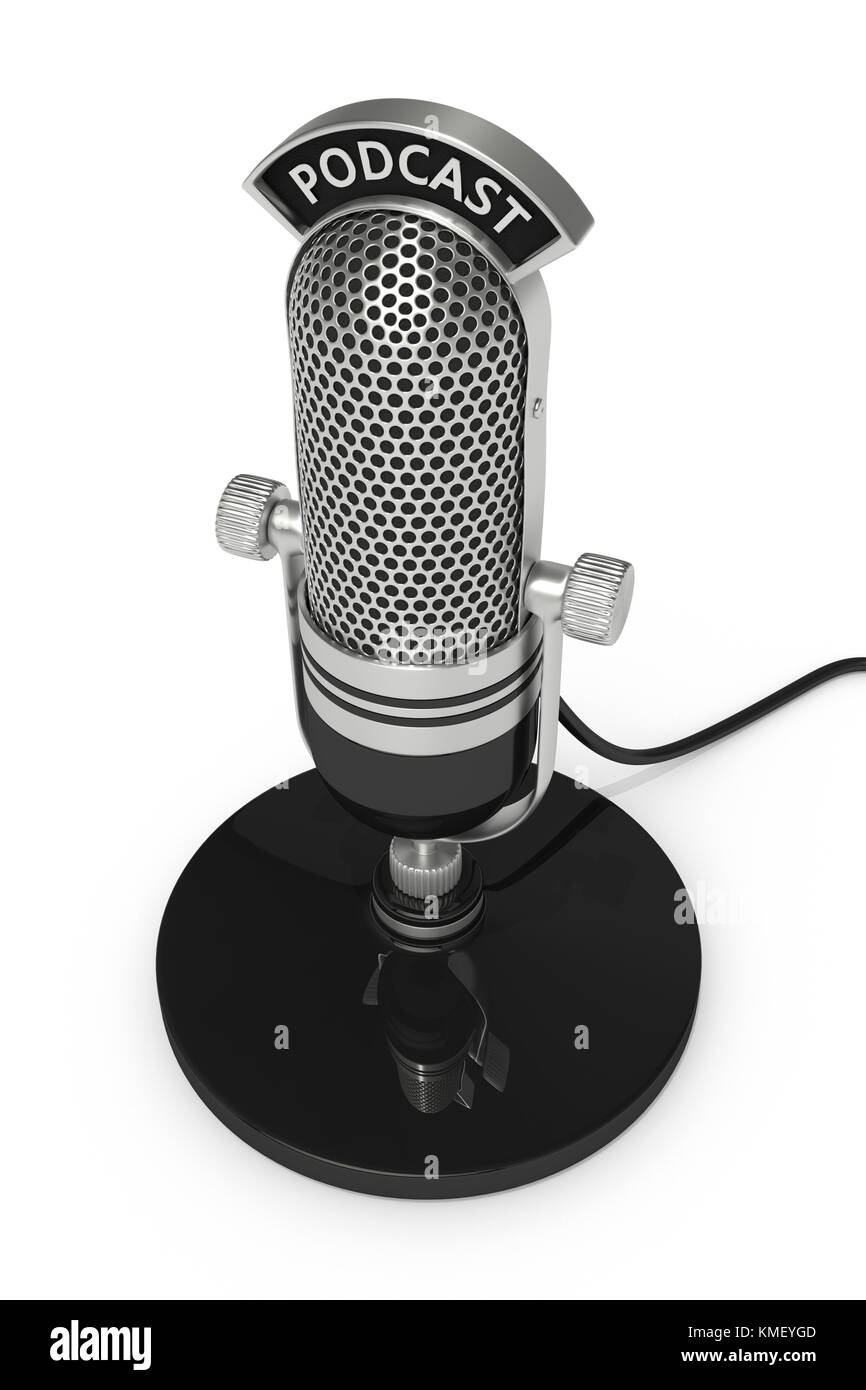 3d render of vintage microphone with podcast text over white Stock ...