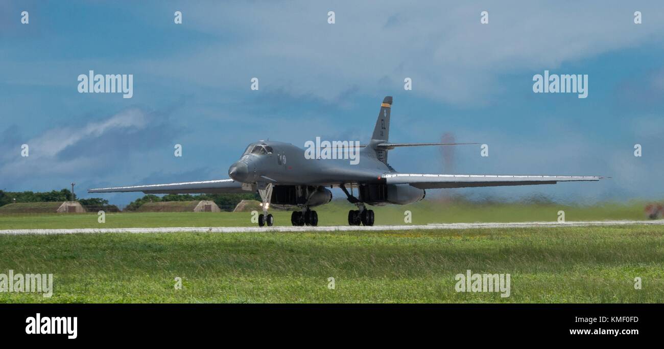 A U.S. Air Force B-1B Lancer strategic bomber aircraft takes off from ...