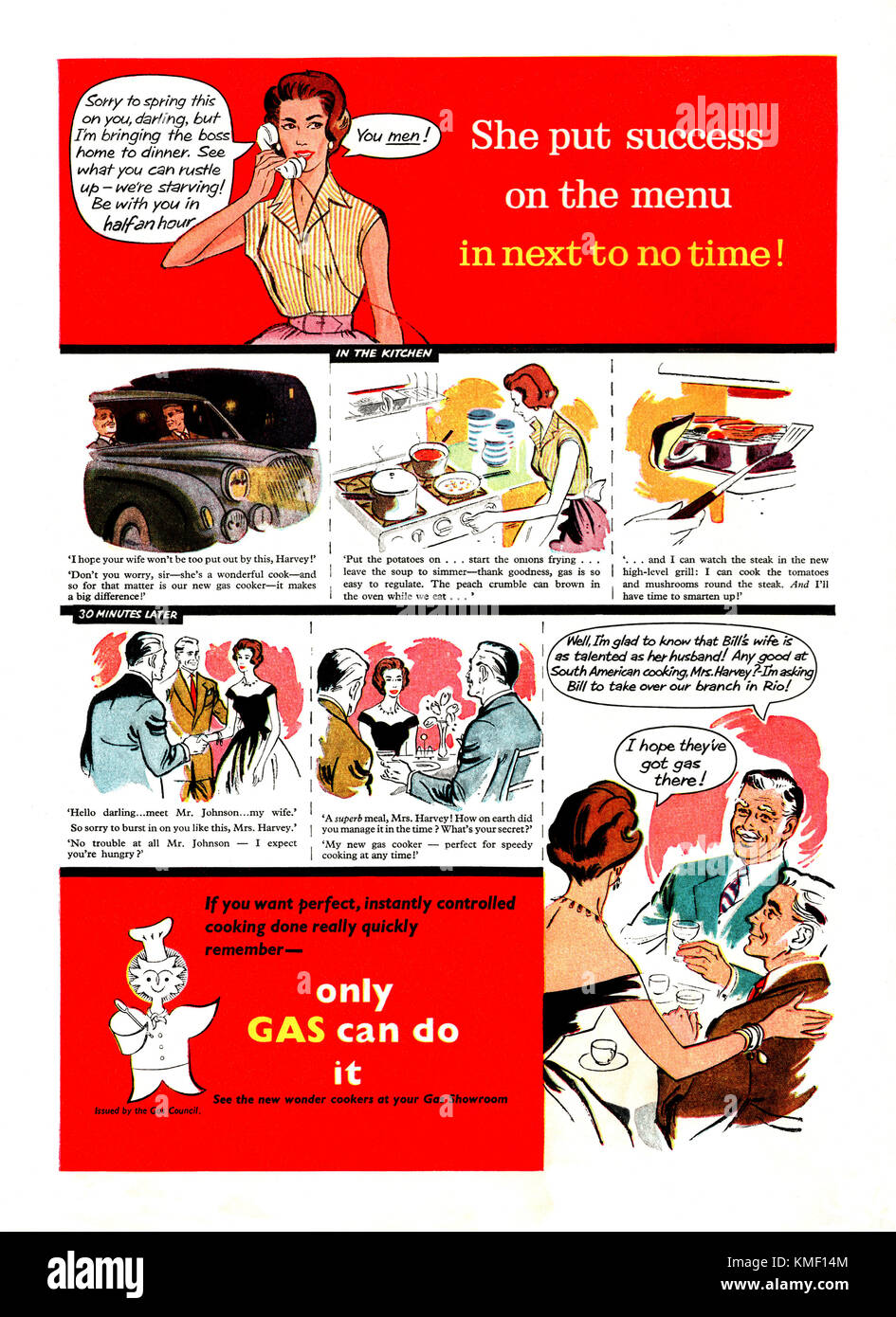 Old advert for the Gas Council promoting cooking dinner on a gas cooker ...