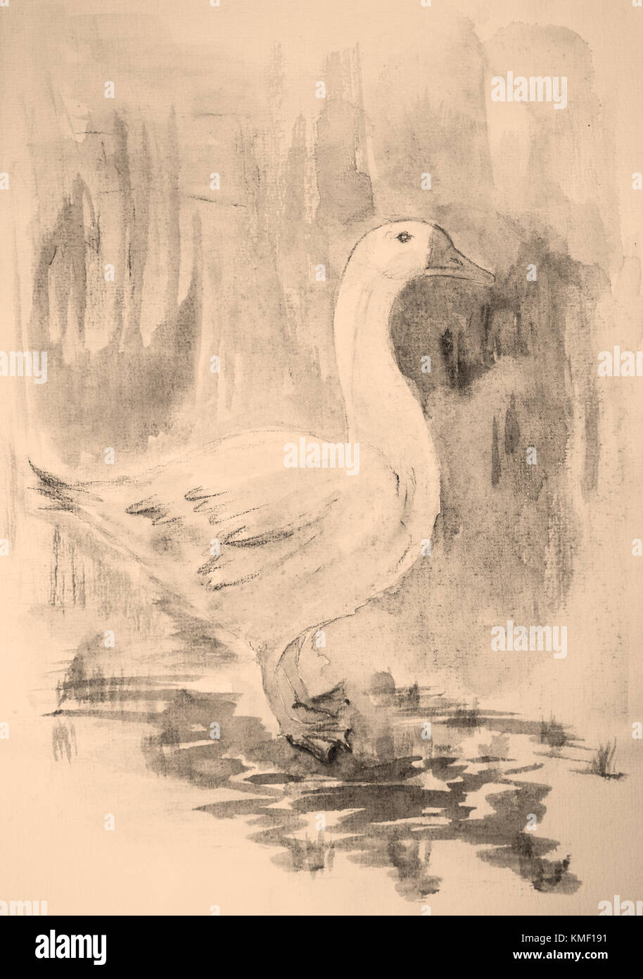 Goose in sepia tones with background structure. The dabbing technique ...