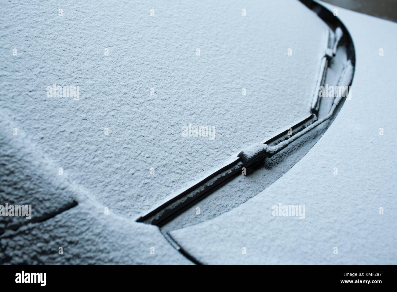 Snow-covered windshield wipers and windshield on the car Stock Photo ...
