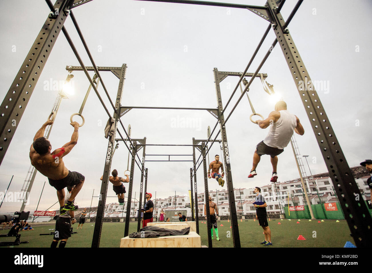 Group of athletes doing ring dips during competition,Tenerife,Canary ...