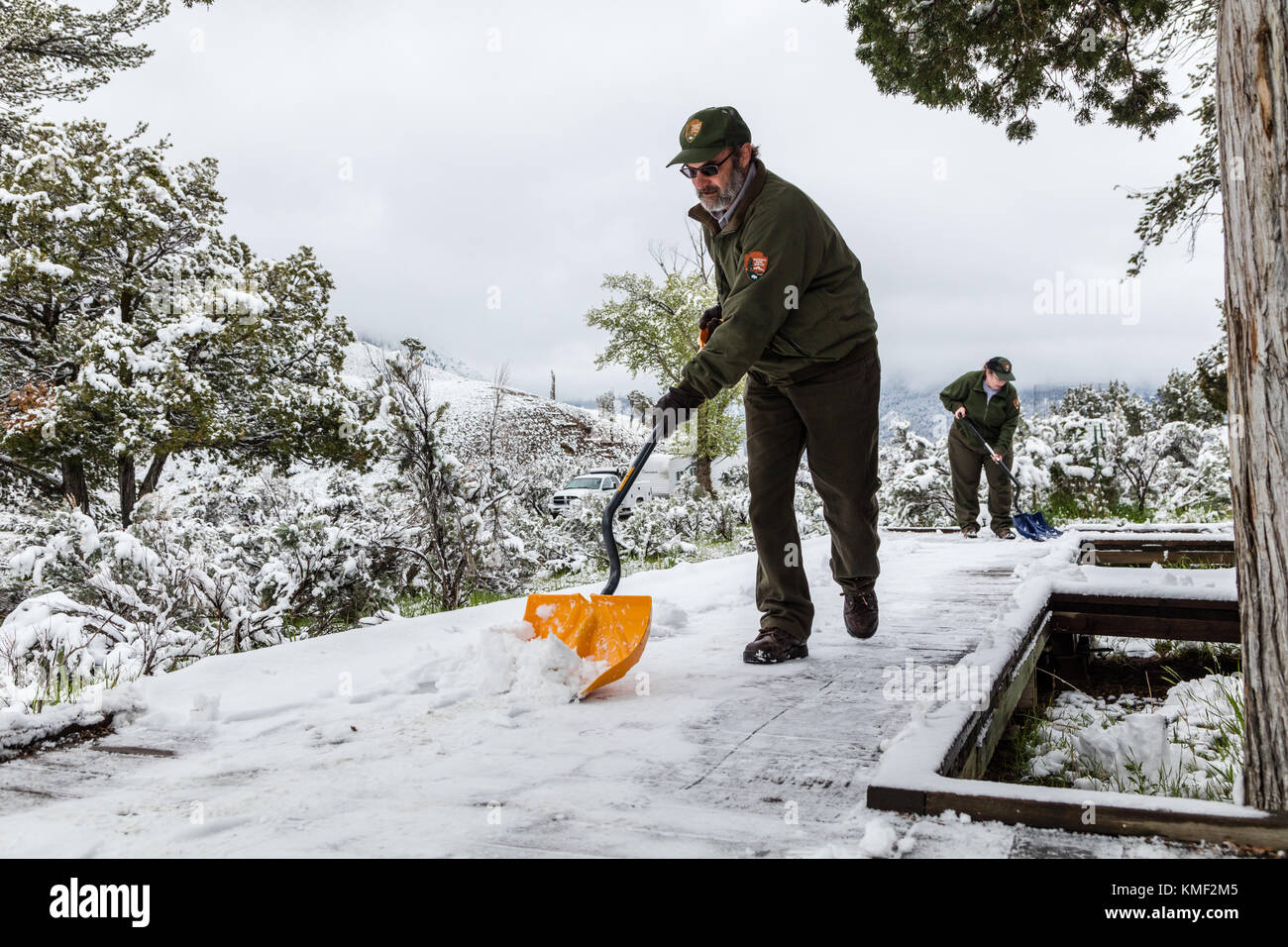 Park rangers shovel snow and clear the Mammoth Campground after a ...