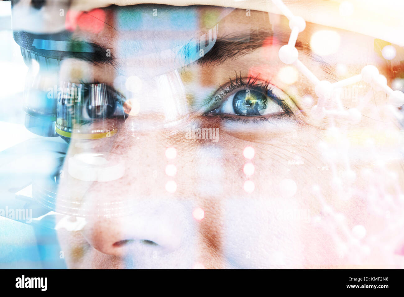 Smart scientist technology concept. Double exposure of microscope ...