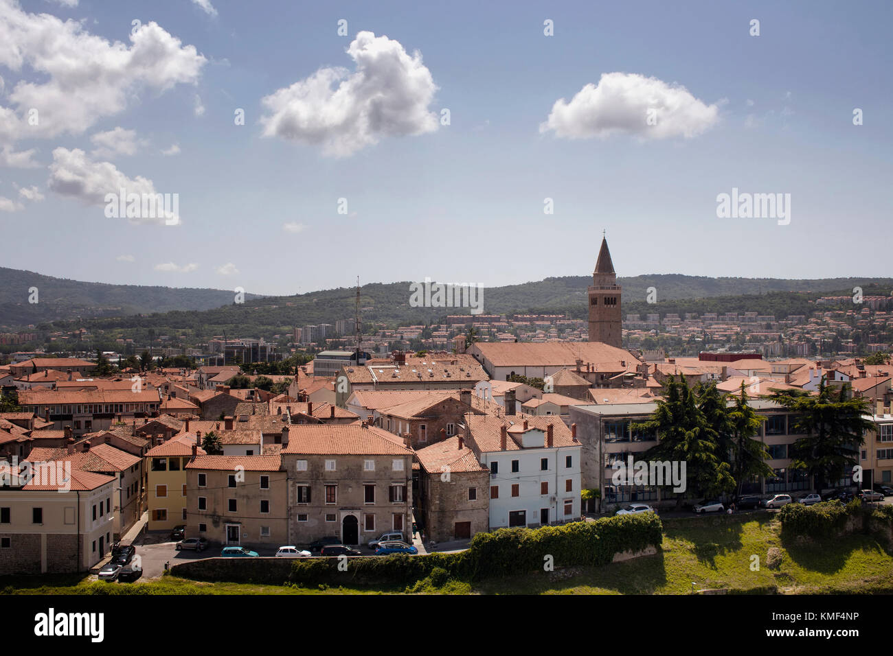 Aerial view of medieval old town of Koper city. It is a port city in ...