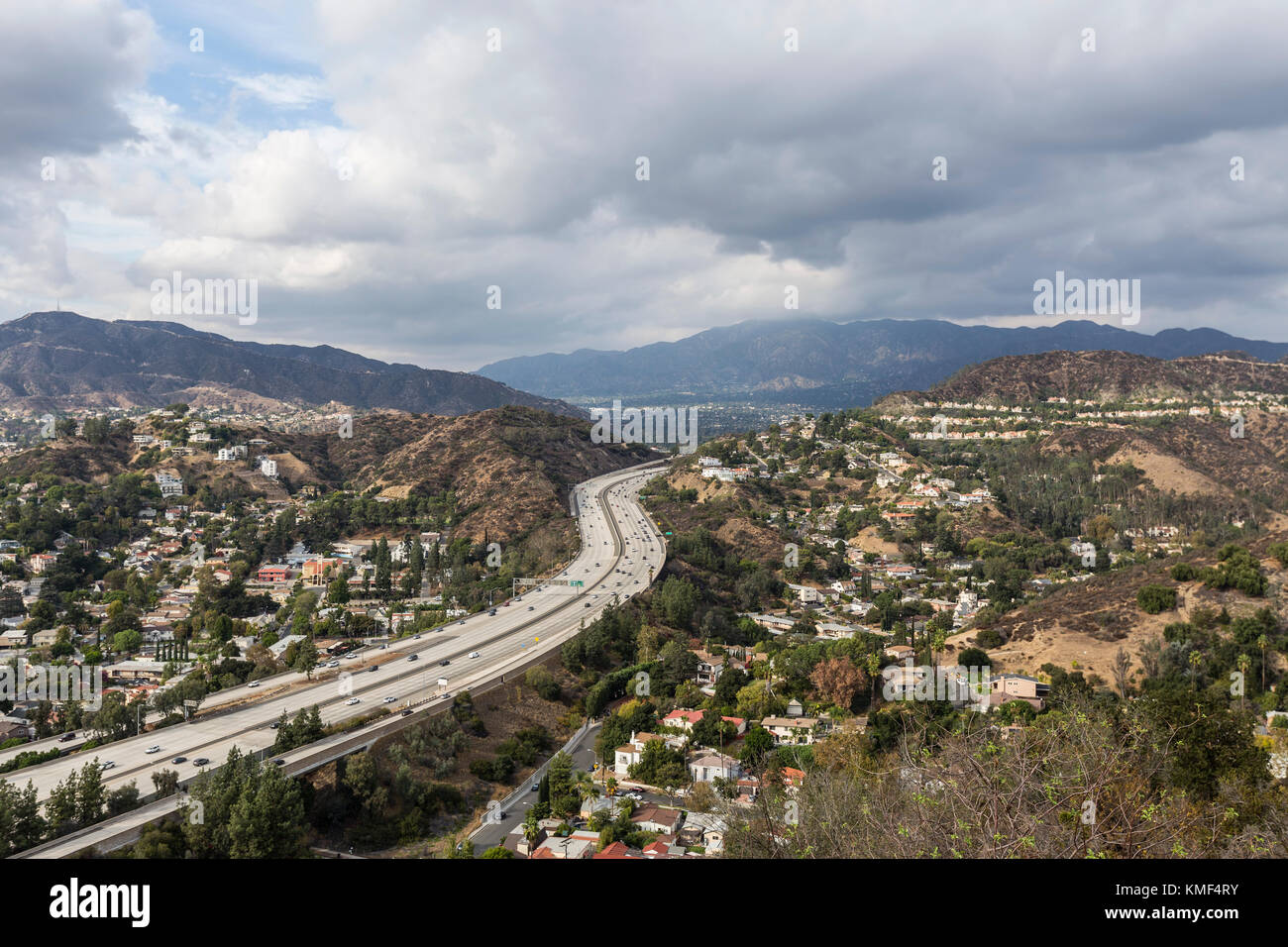Afternoon view of Glendale neighborhoods and freeway near Los Angeles ...