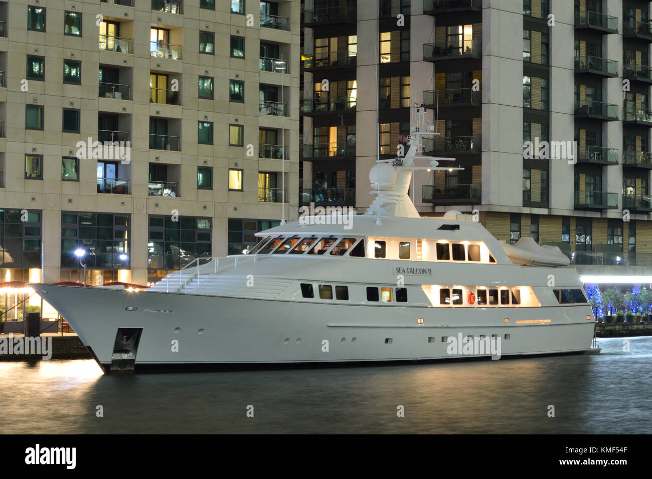 Luxury Yacht Sea Falcon II seen moored in West India Dock, Canary Wharf ...