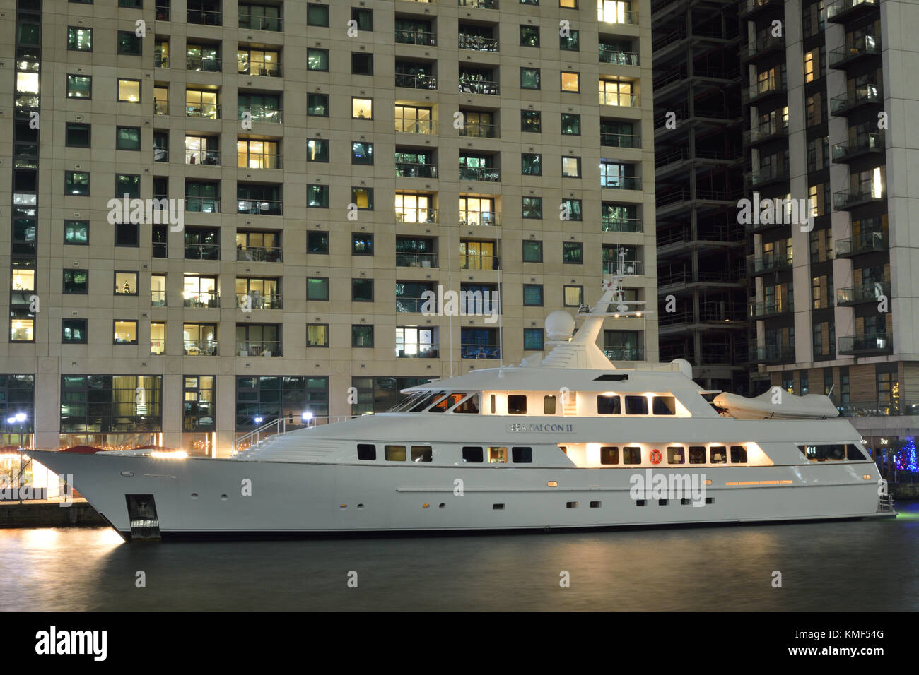 Luxury Yacht Sea Falcon II seen moored in West India Dock, Canary Wharf ...