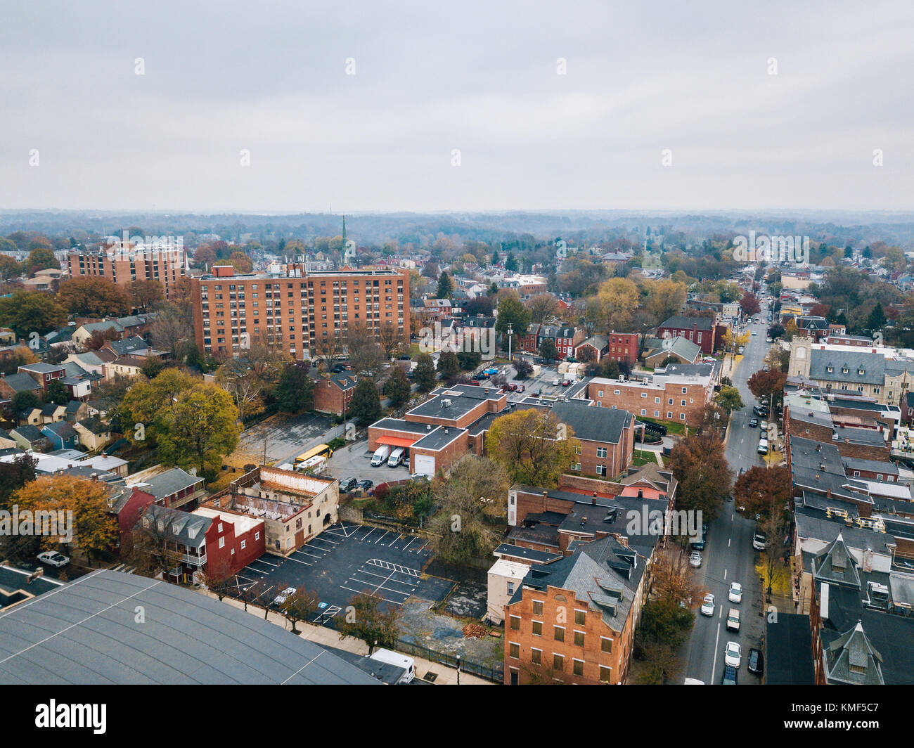 Aerial of Downtown Lancaster, Pennsylvania areound the Central Markets ...