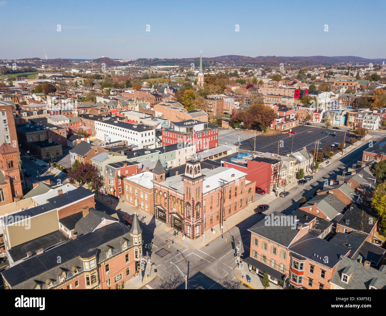 Aerial of Downtown York, Pennsylvania next to the Historic District in ...