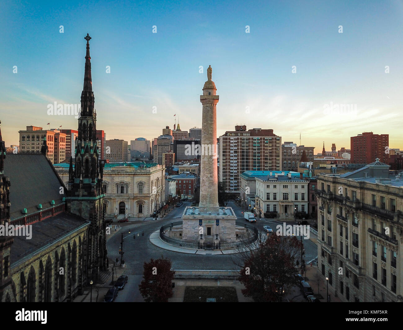 Aerial of Mount Vernon Place in Baltimore, Maryland looking at the ...