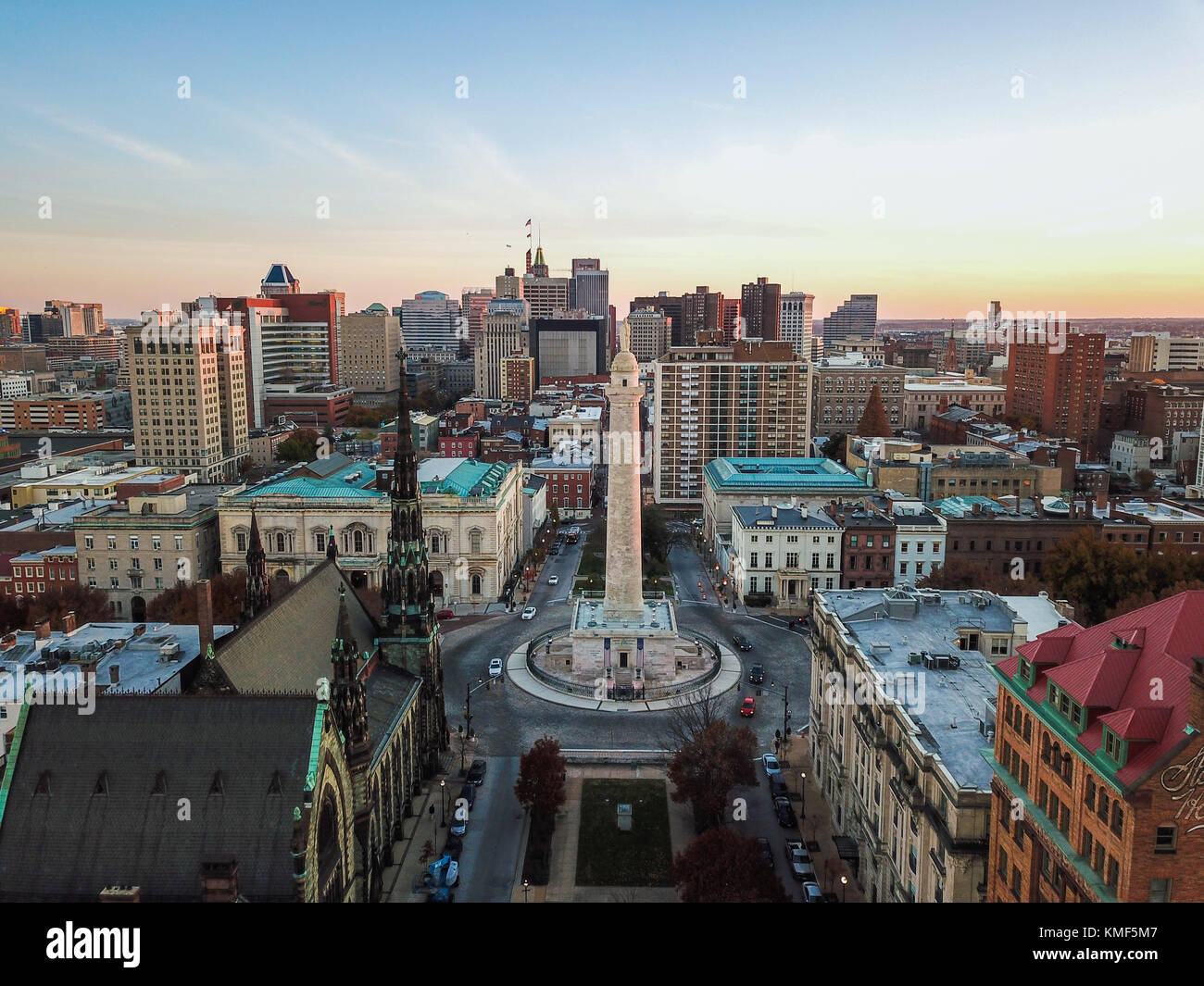 Aerial of Mount Vernon Place in Baltimore, Maryland looking at the ...