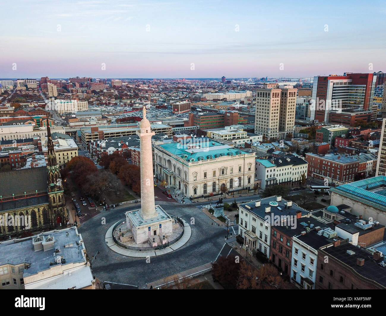 Aerial of Mount Vernon Place in Baltimore, Maryland looking at the ...