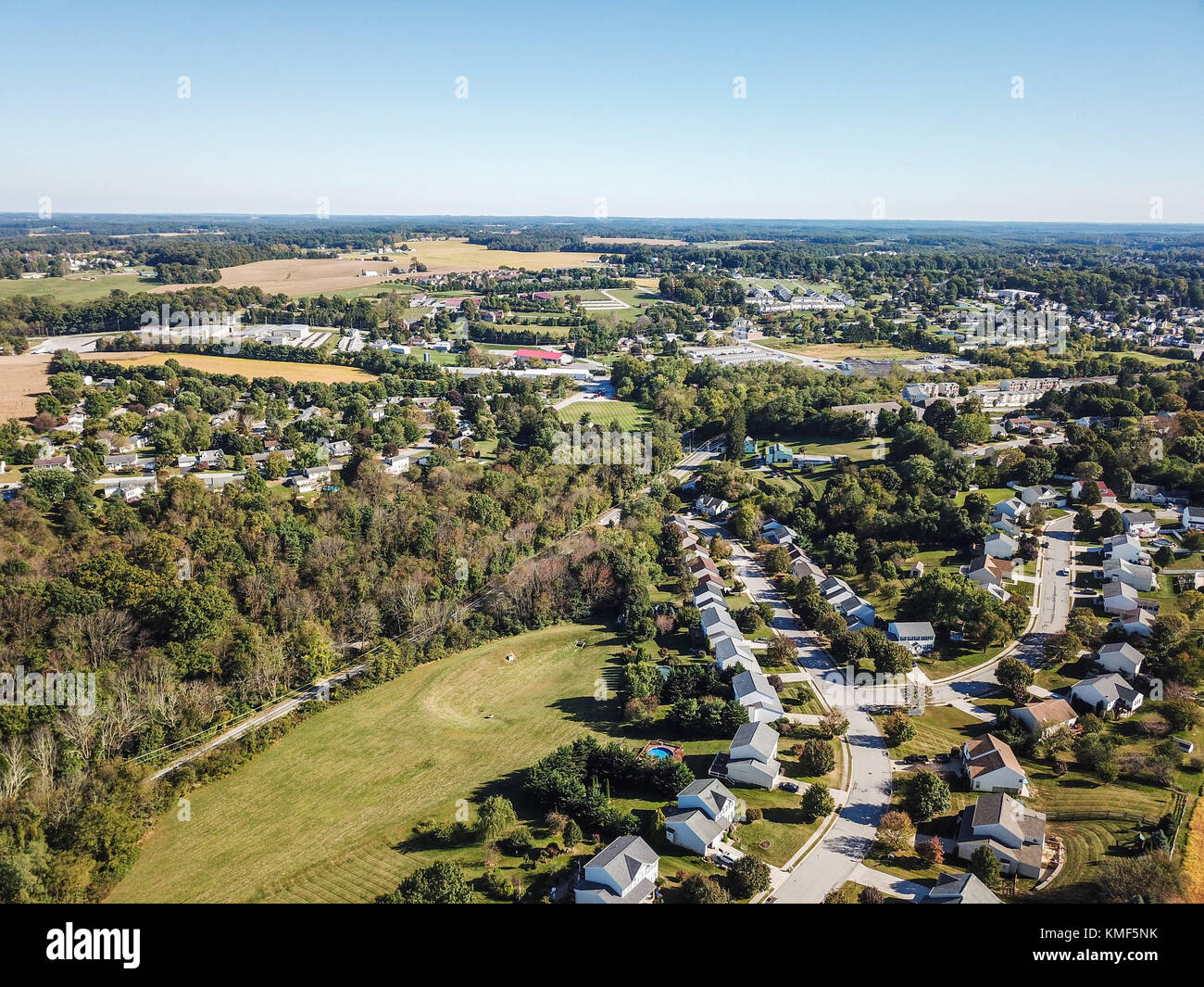 Aerial of New Freedom and surrounding Farmland in Southern Pennsylvania ...
