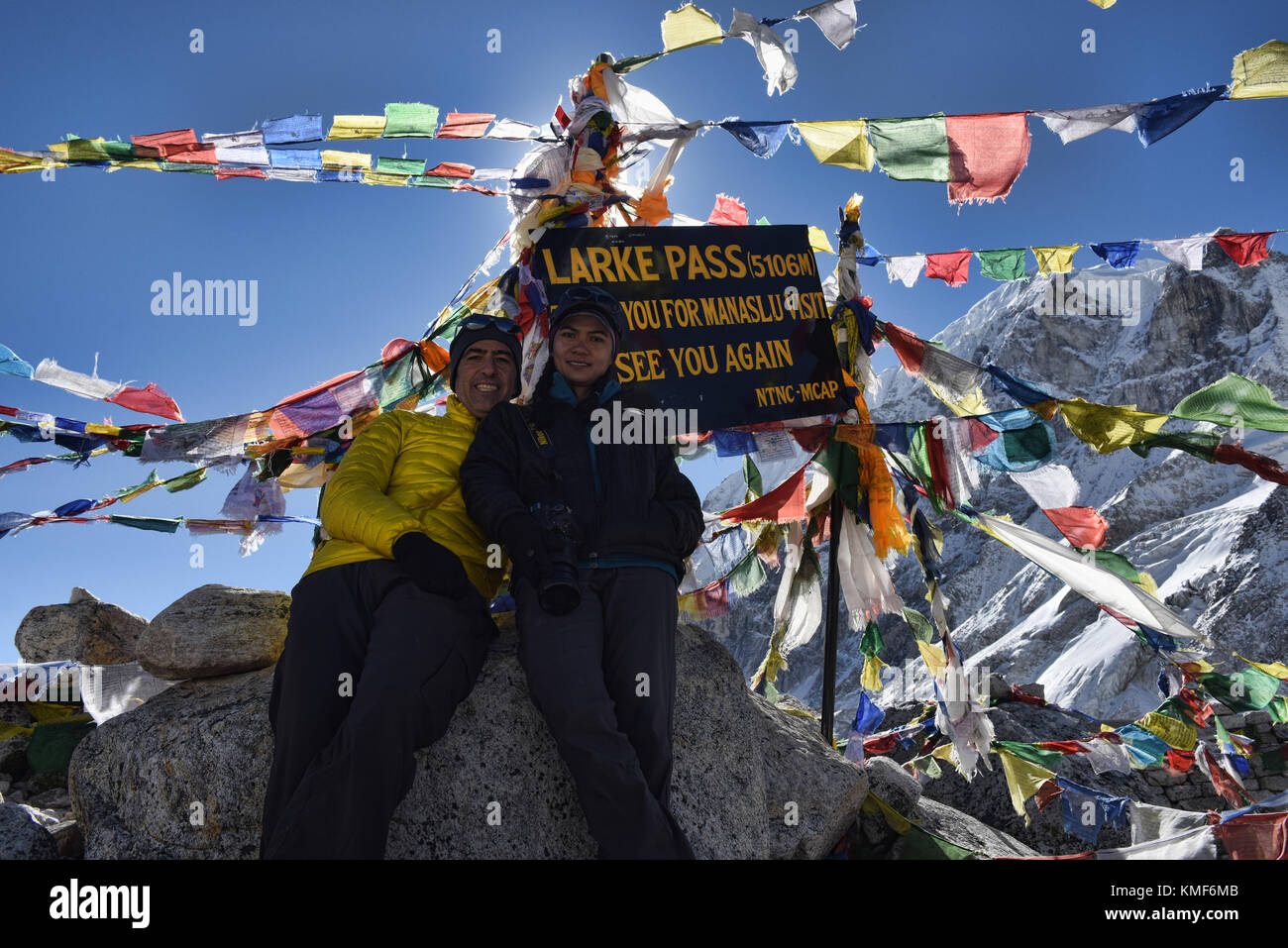 On top of the Larkya La Pass, Manaslu Circuit Trek, Nepal Stock Photo ...