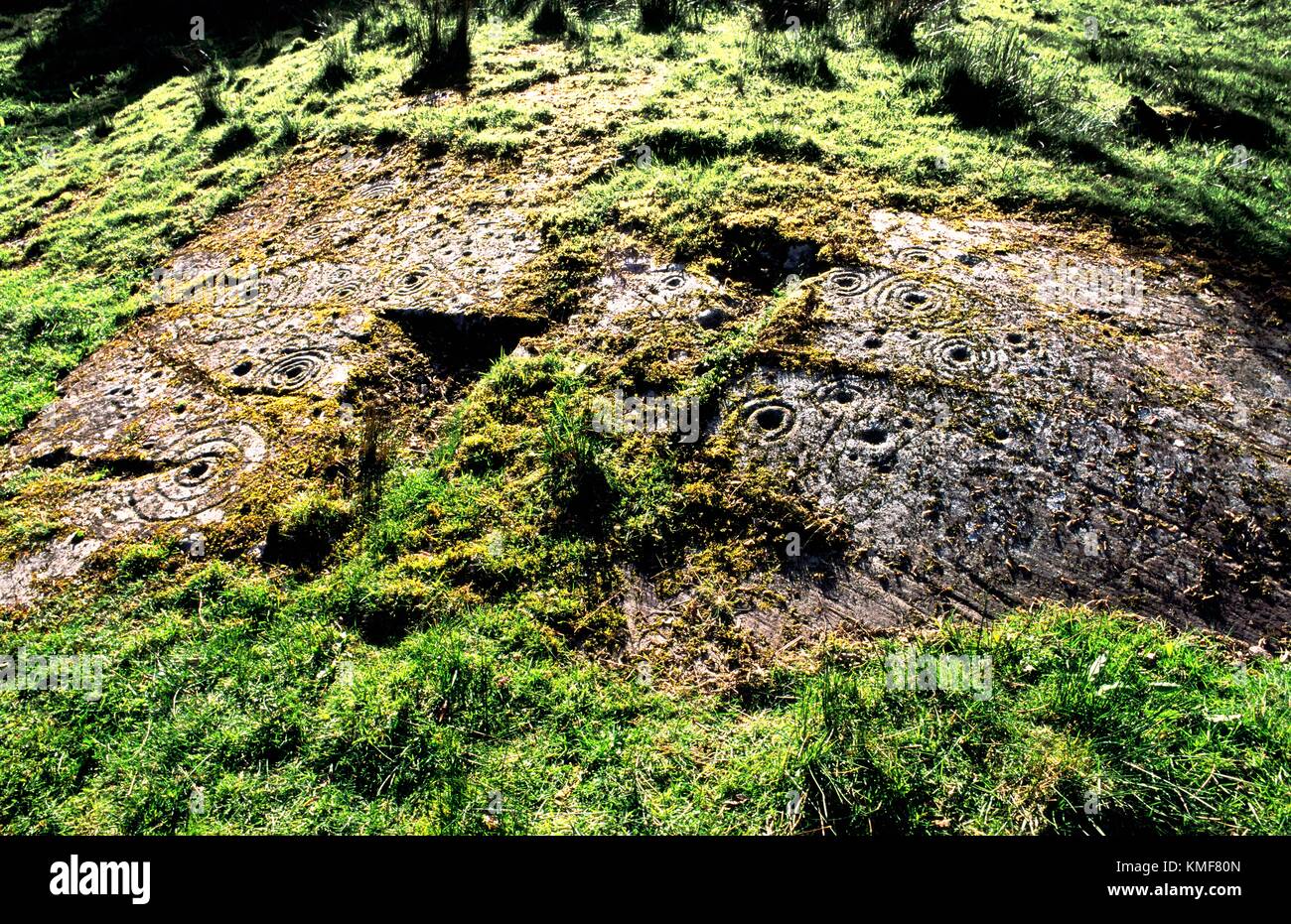 Cup and ring mark marks prehistoric Neolithic rock art on natural rock ...