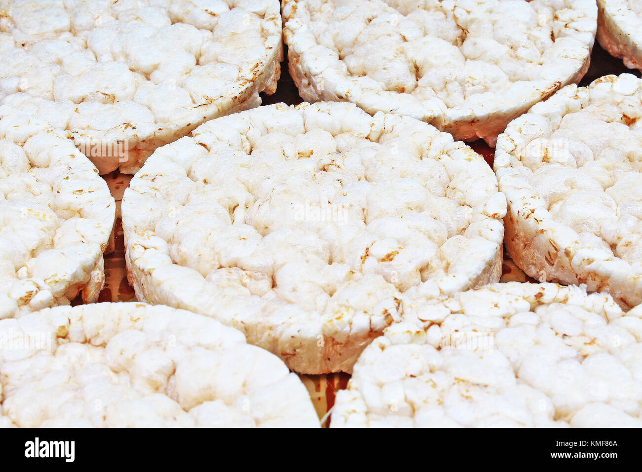 Stack of puffed whole grain crispbread. Rice cake puffed rice texture ...