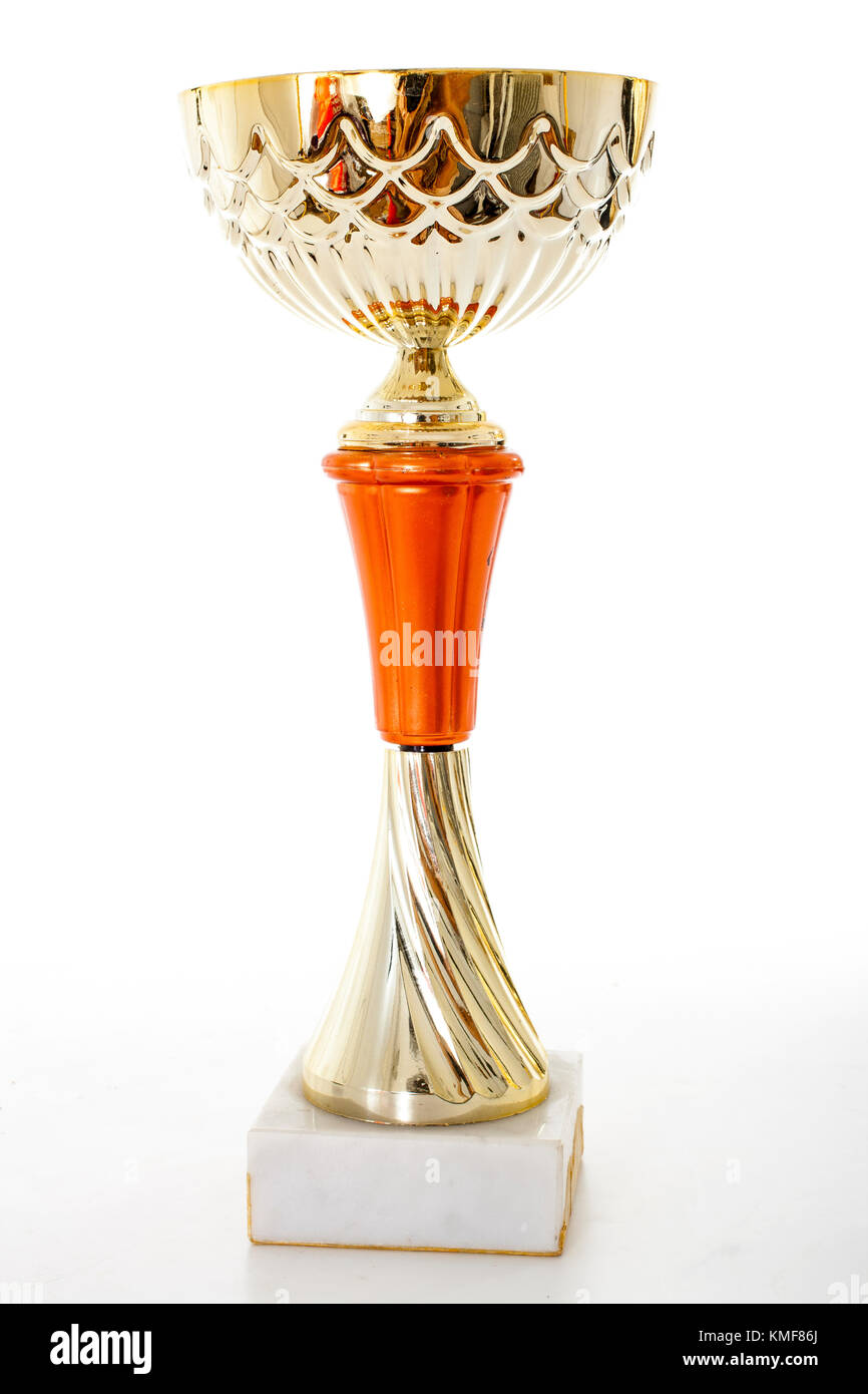 Gold trophy photo on isolated white studio background Stock Photo - Alamy