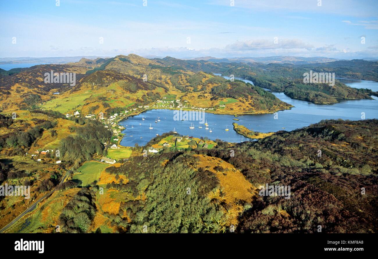 Aerial view north over the safe anchorage of Tayvallich on Loch Sween ...