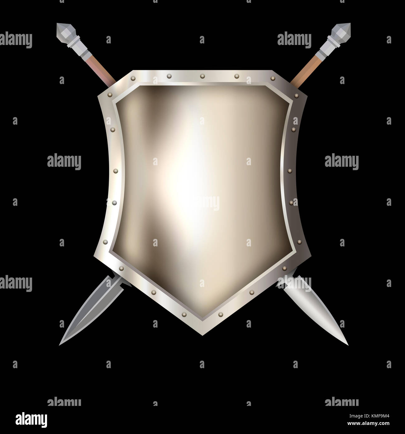 Ancient silver shield with riveted border and spears on black ...