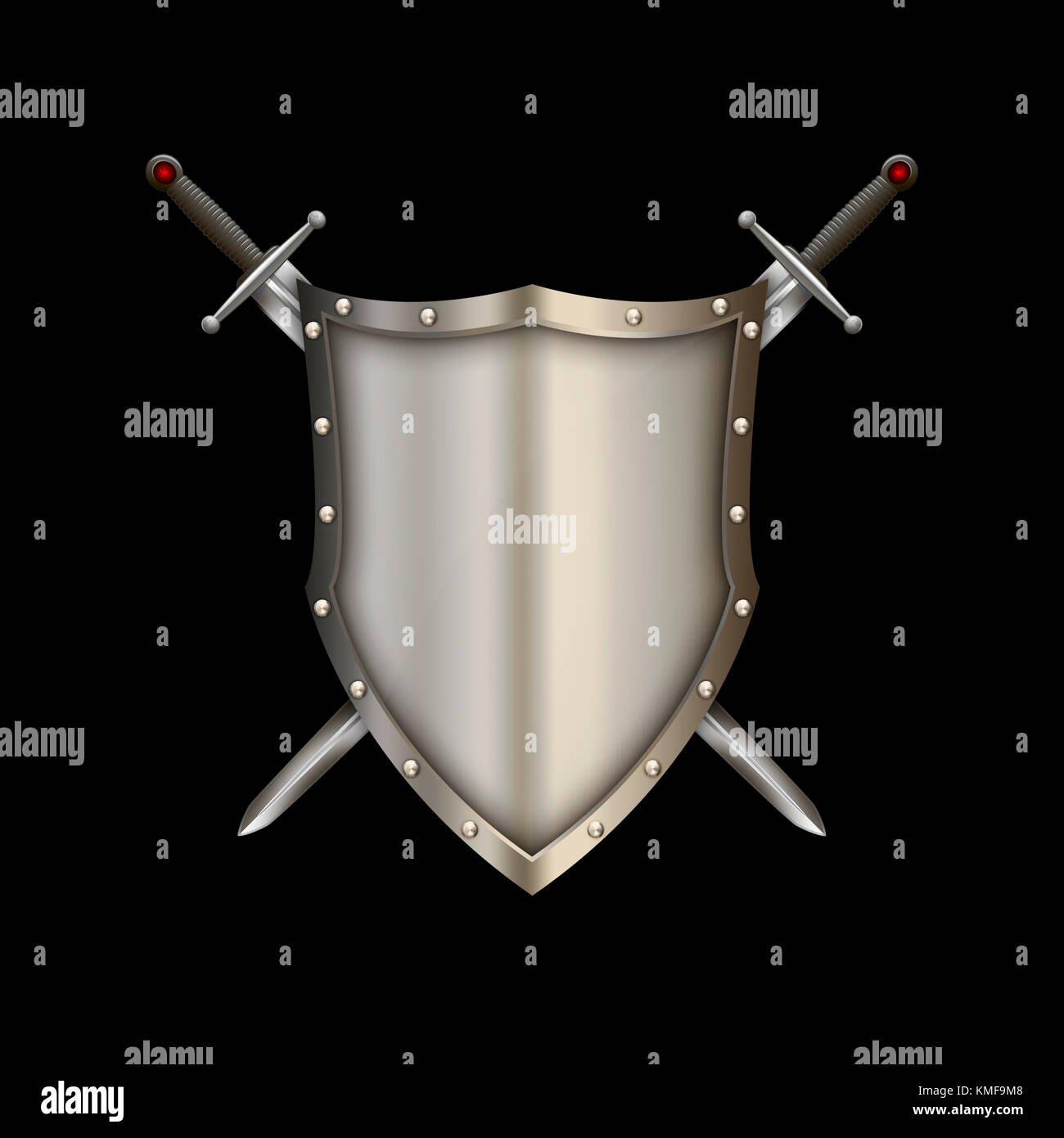 Ancient riveted shield with two swords on black background Stock Photo ...