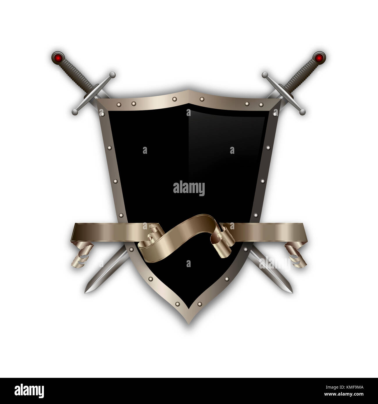 Ancient riveted shield with two swords and elegant ribbon on white ...