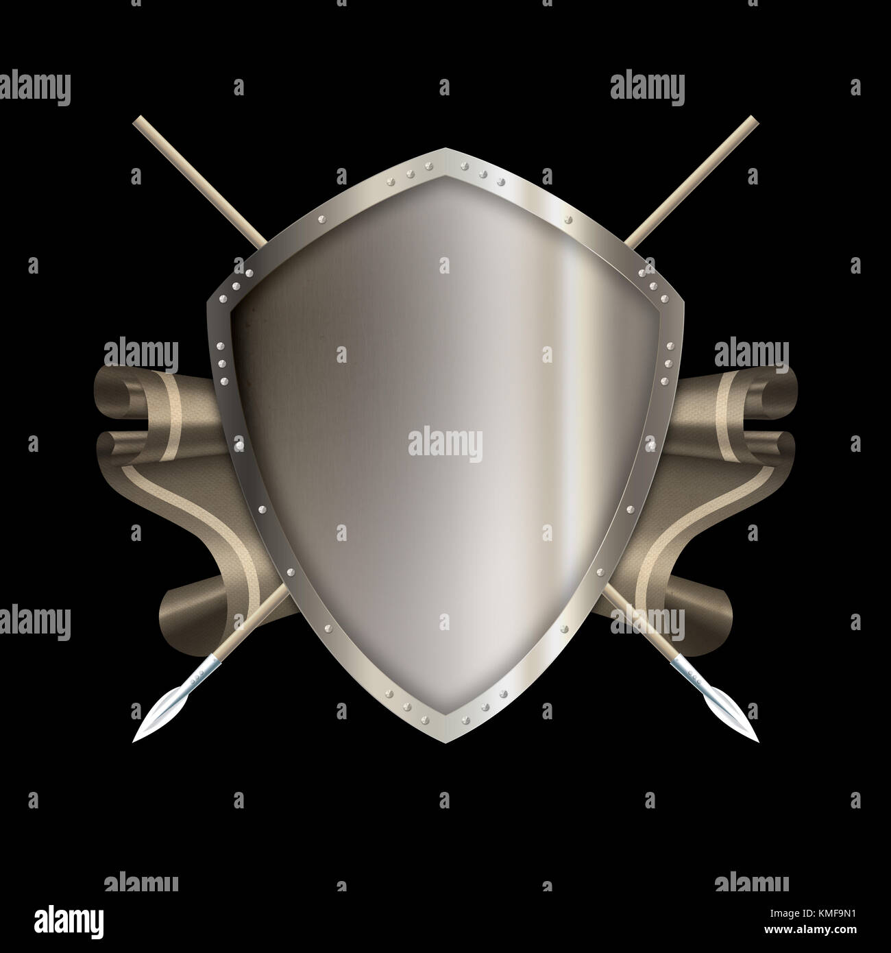 Ancient riveted shield with two spears and elegant scroll Stock Photo ...