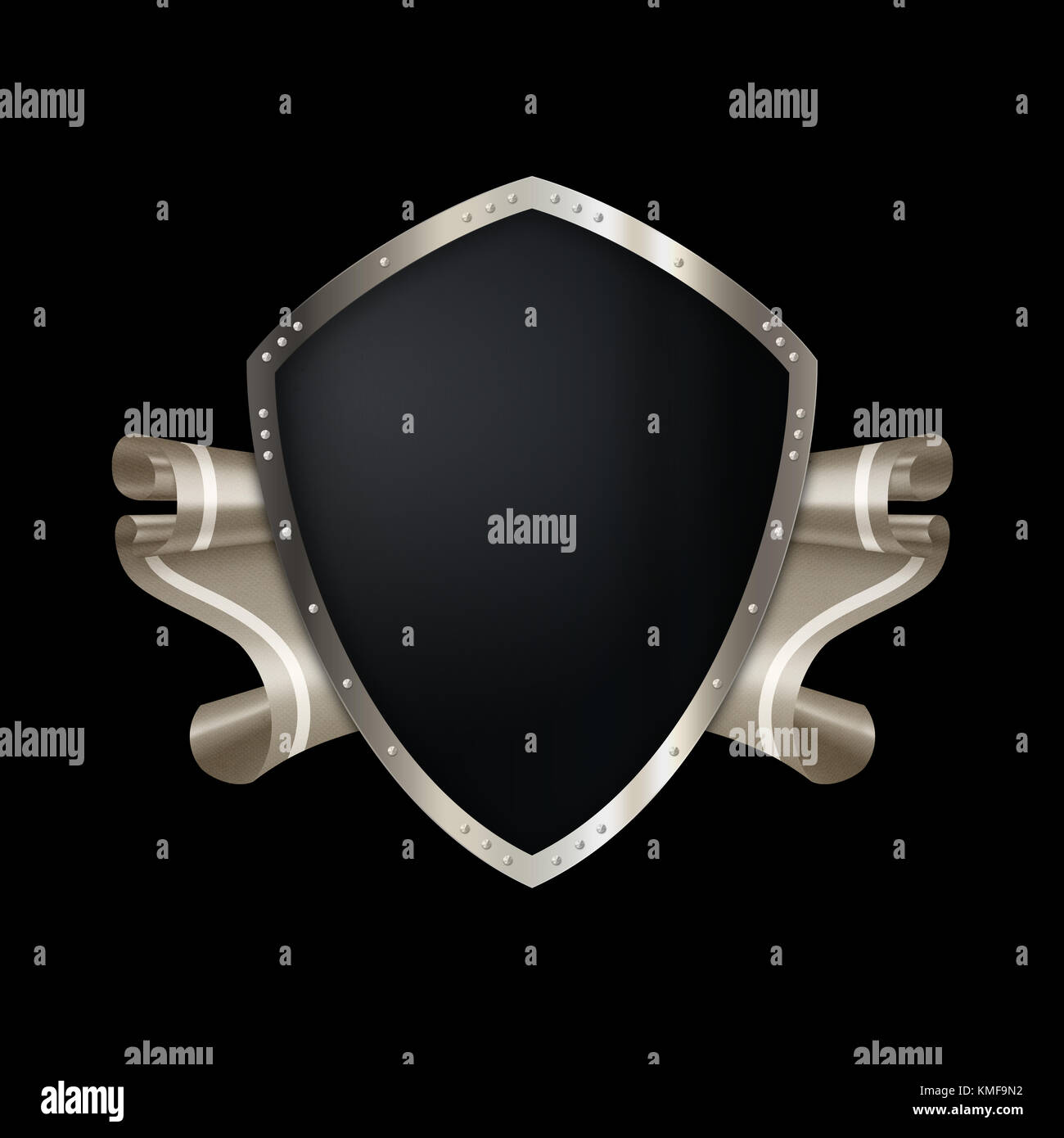 Ancient riveted shield with antique scroll on black background Stock ...