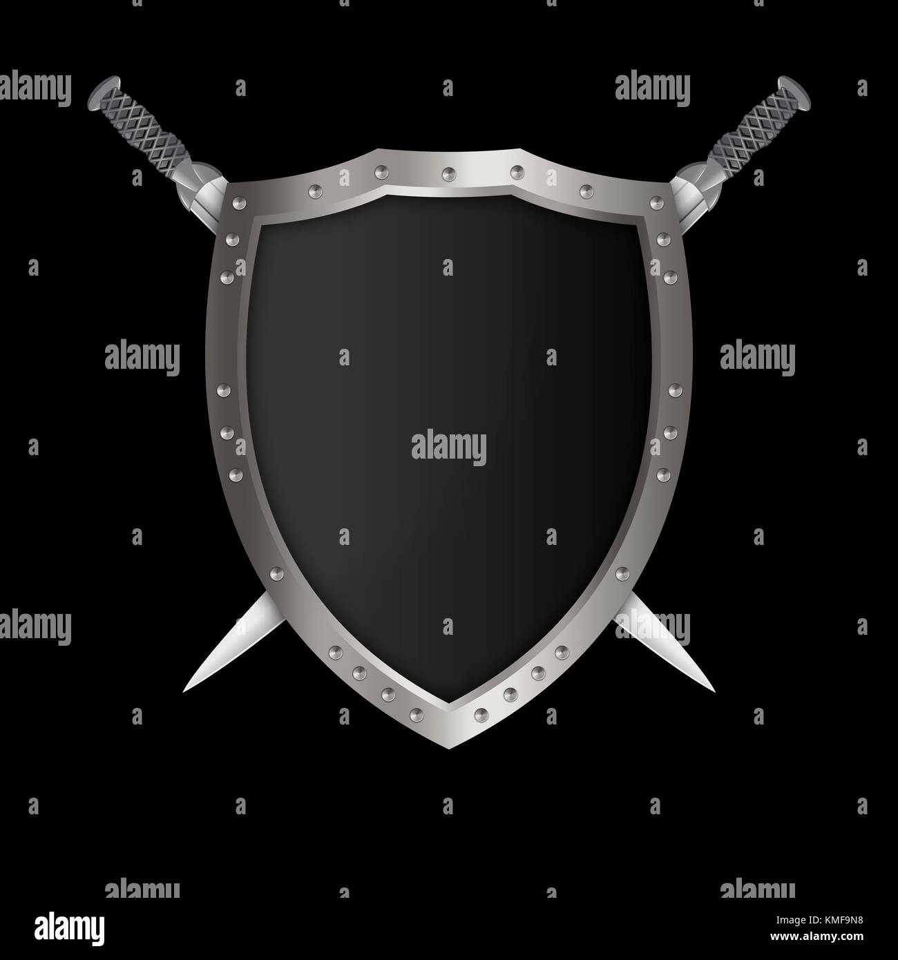 Medieval silver shield with riveted border and two swords on black ...
