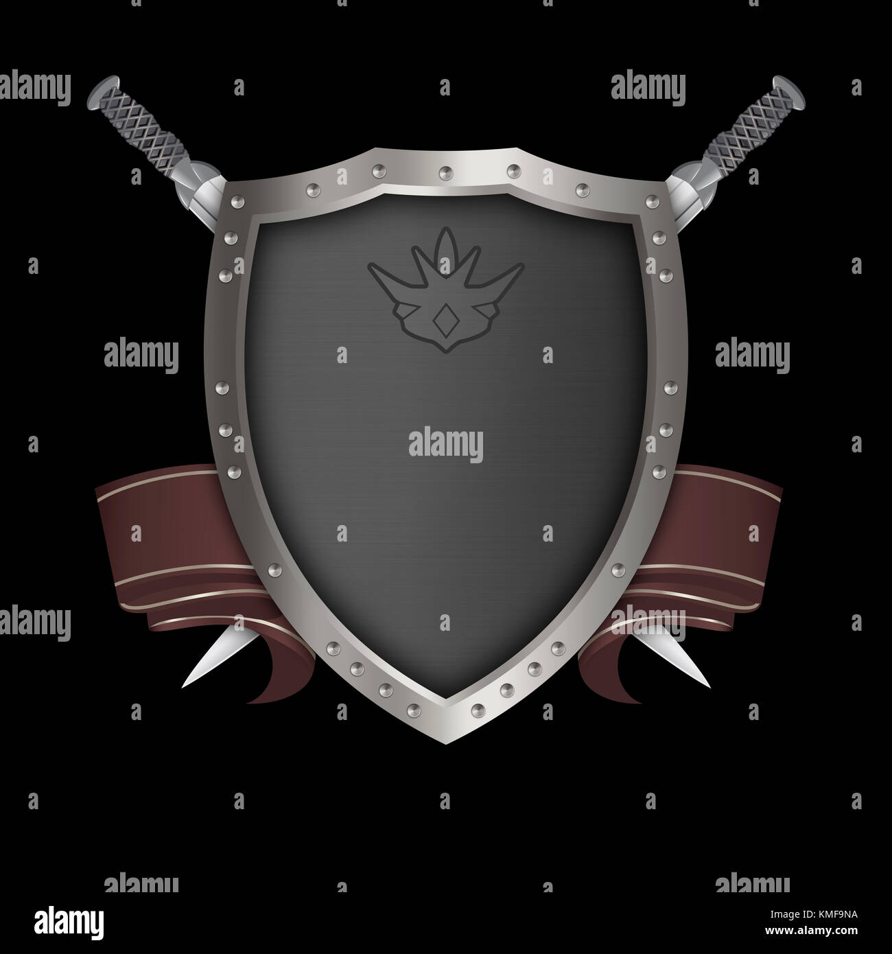 Medieval silver shield with riveted border,red ribbon and two swords on ...