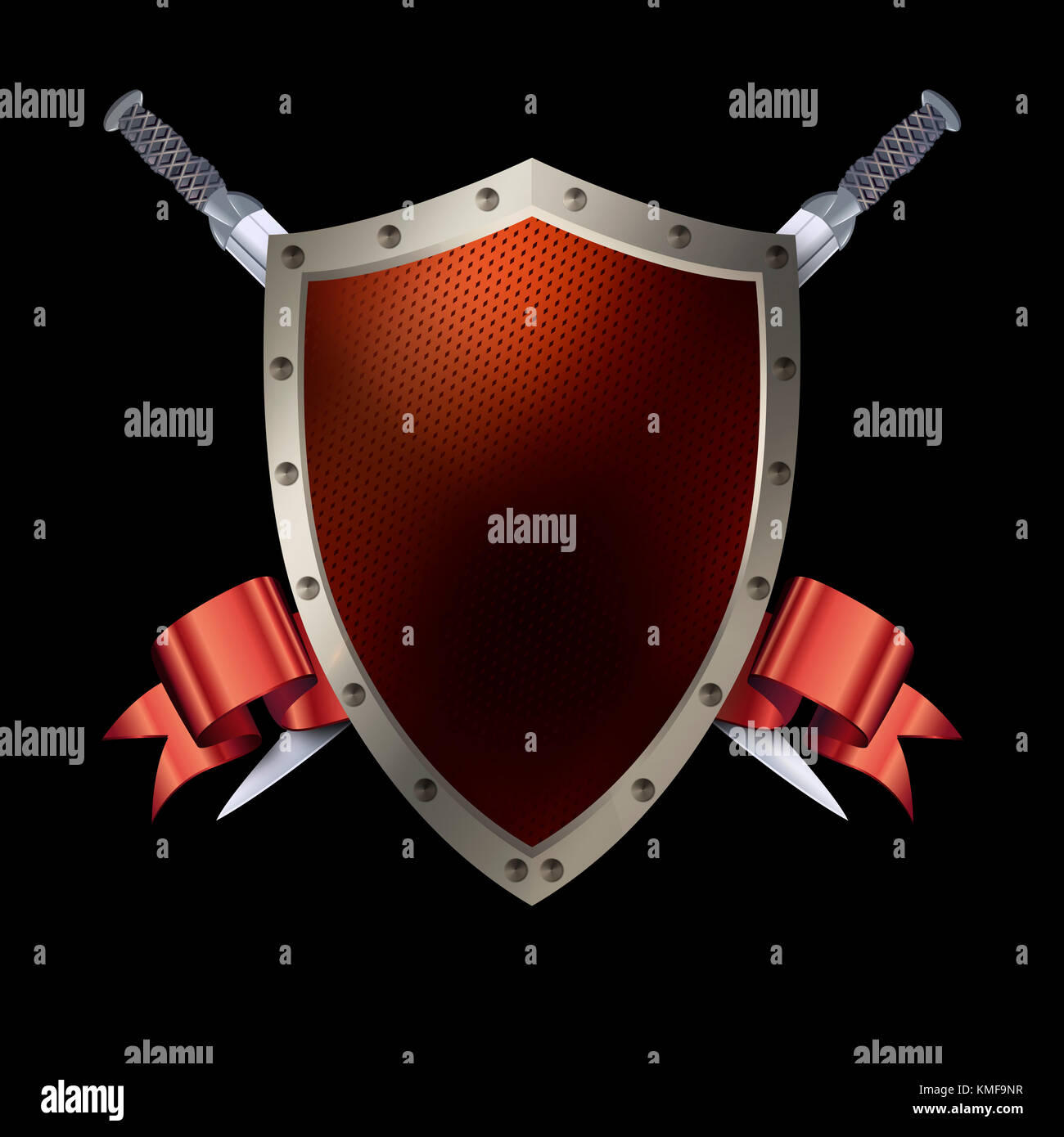 Medieval silver shield with red ribbon and two swords on black ...
