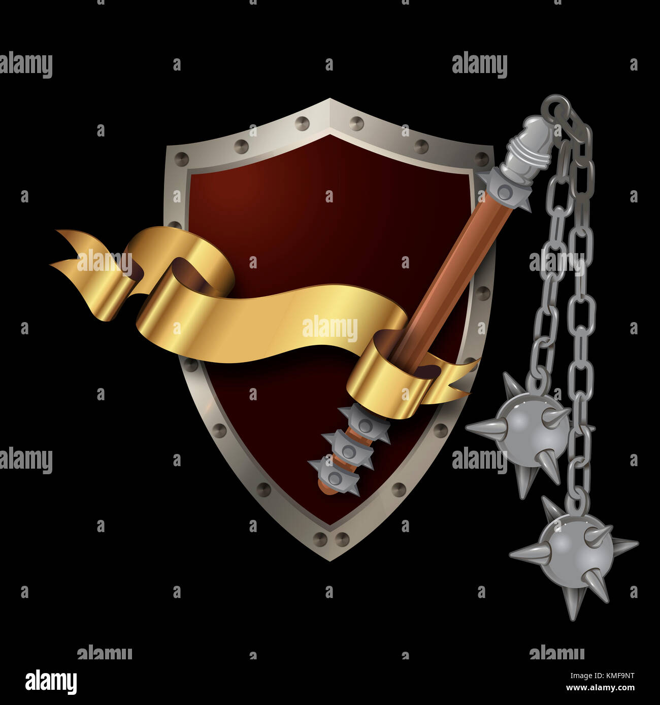 Medieval silver shield with golden ribbon and flail on black background ...