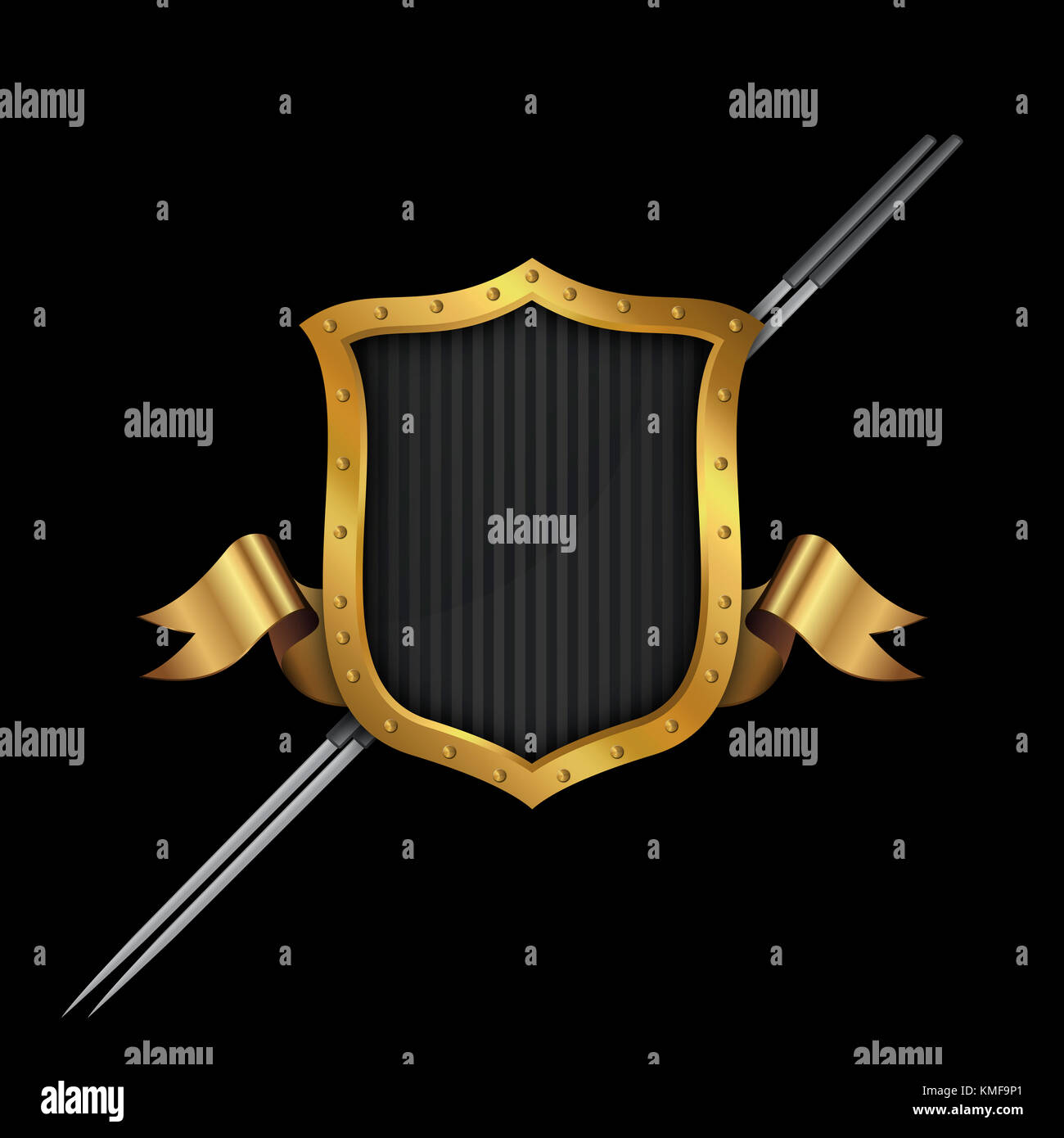 Golden riveted shield with two spears on black background Stock Photo ...