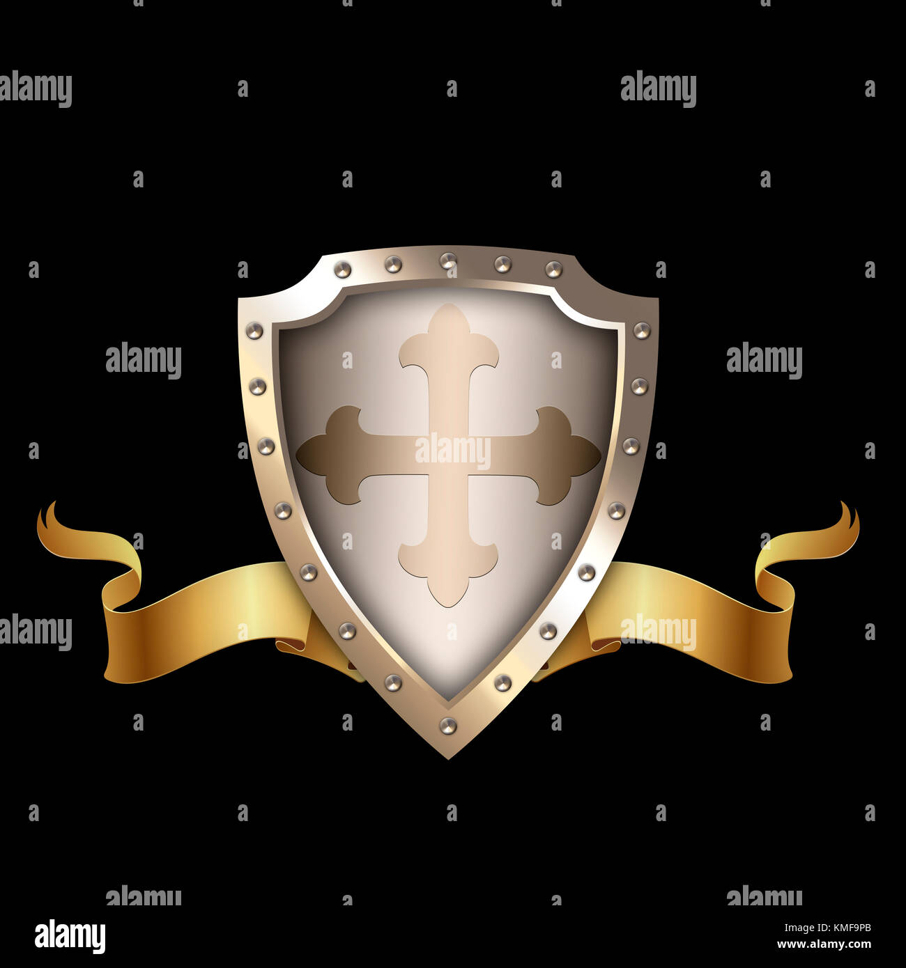 Medieval shield with cross and red ribbon on black background Stock ...