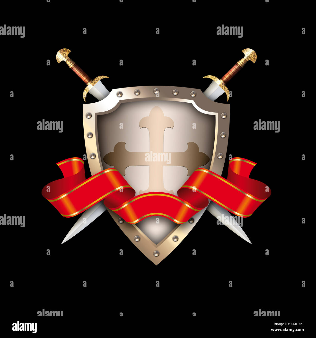 Medieval shield with two swords,cross and red ribbon on black ...
