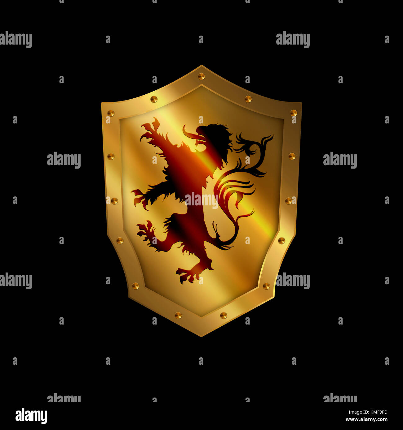 Golden riveted shield with heraldic lion. Isolated on black background ...