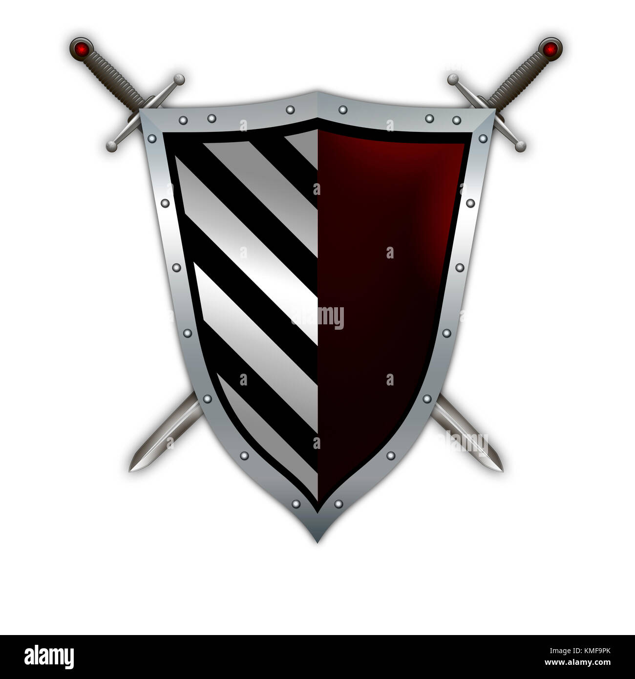 Silver riveted shield with two swords. Isolated on white background ...