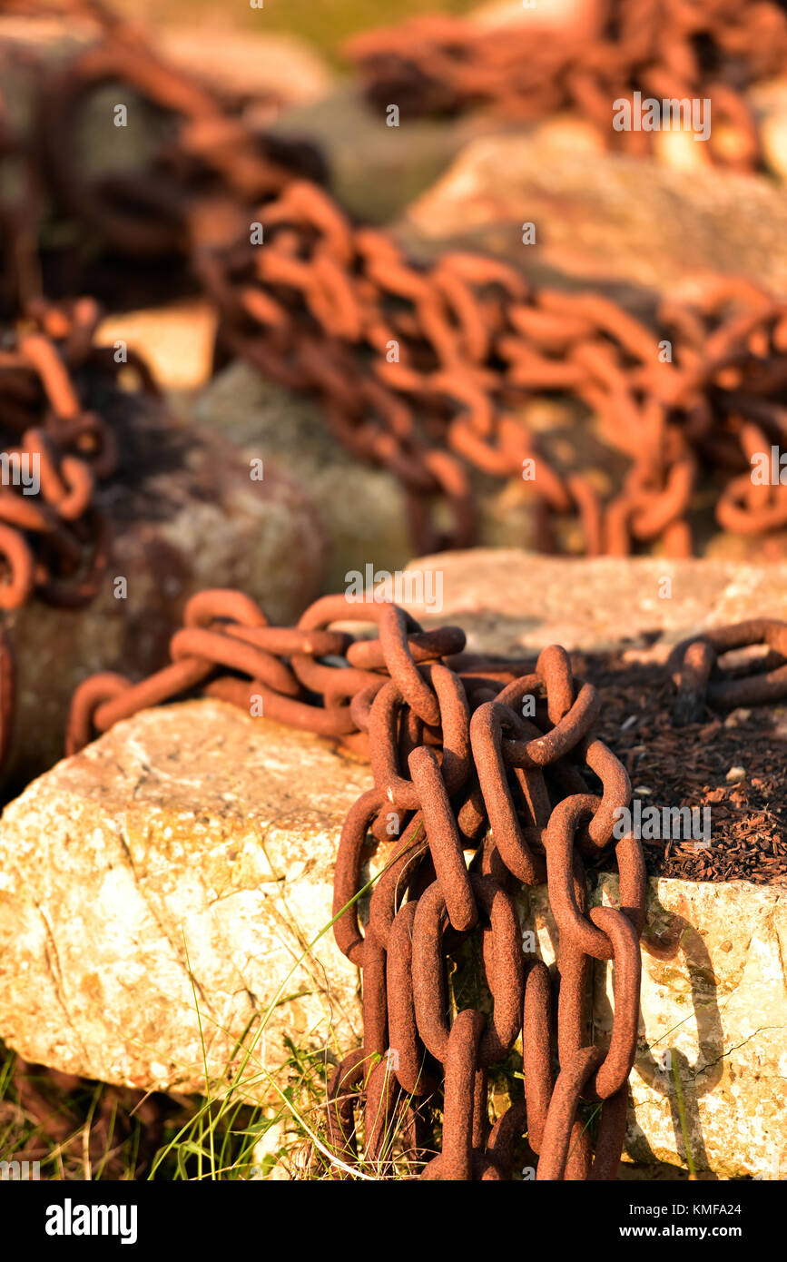 some old rusty chains draped or resting on some rocks on the seashore ...