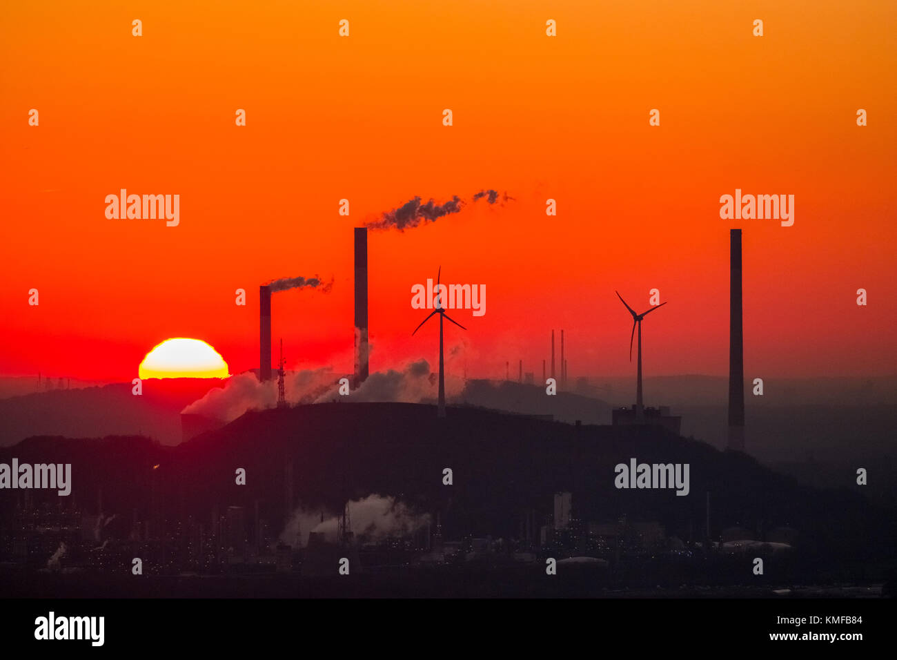 Sunset in front of Scholven power plant, Uniper power plants, red sky ...