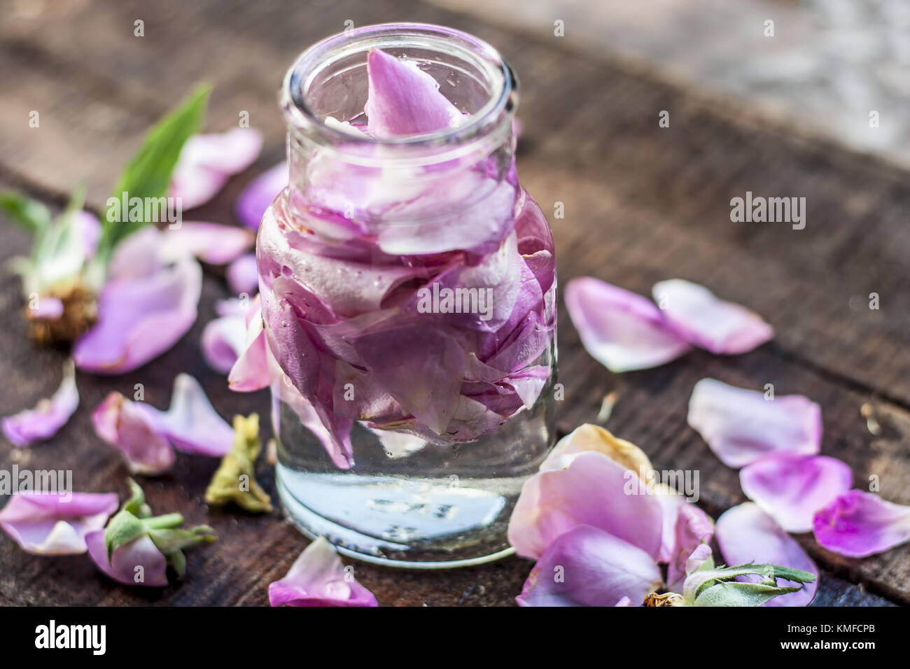 A transparent bottle contains rose water with rose petals in it.Concept ...