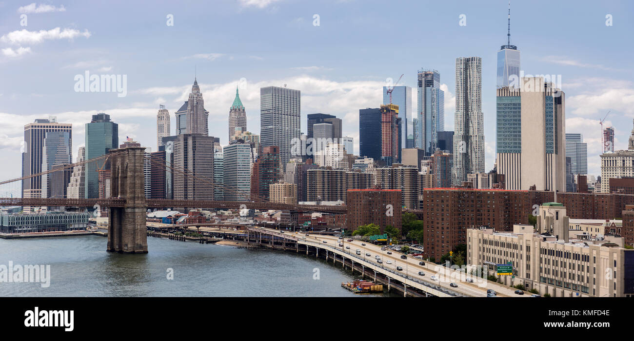 Lower Manhattan Skyline and Brooklyn Bridge Panorama, NYC, USA Stock ...