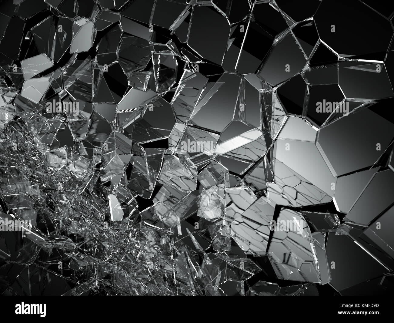 Pieces of destructed Shattered glass on black. 3d rendering 3d ...