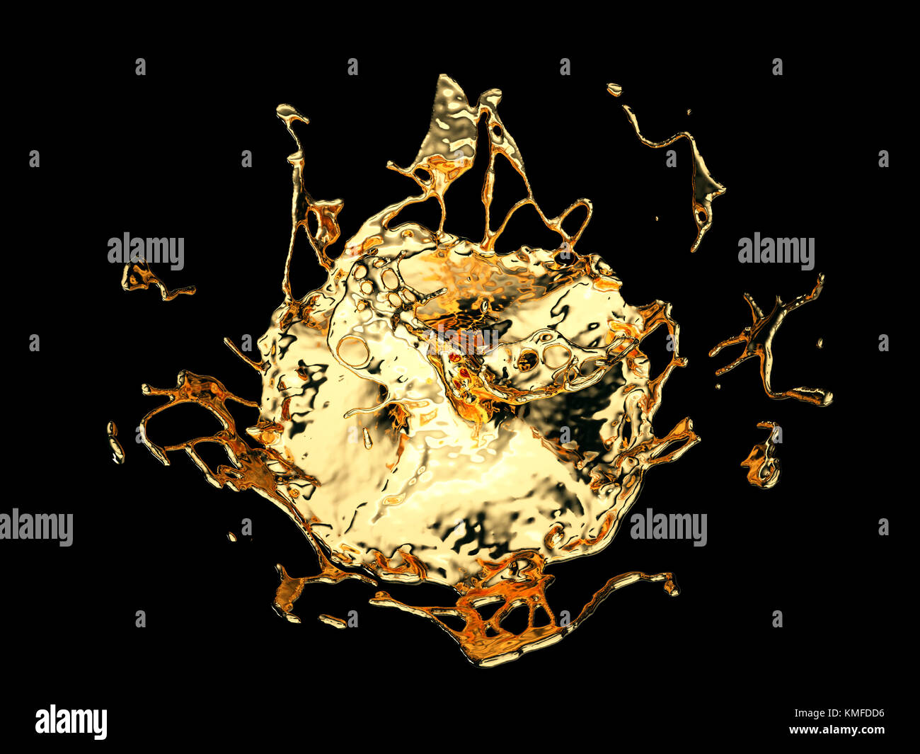 Liquid gold or oil splatter and splashes isolated on black. 3d render ...