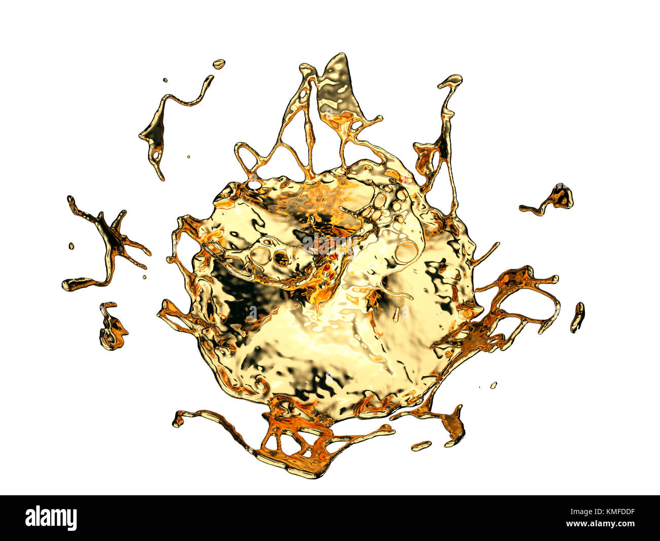 Liquid gold or oil splatter and splashes isolated on white. 3d render ...