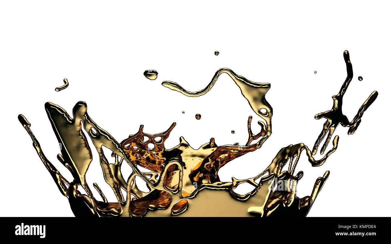 Liquid gold or oil splatter and splashes isolated on white. 3d render ...